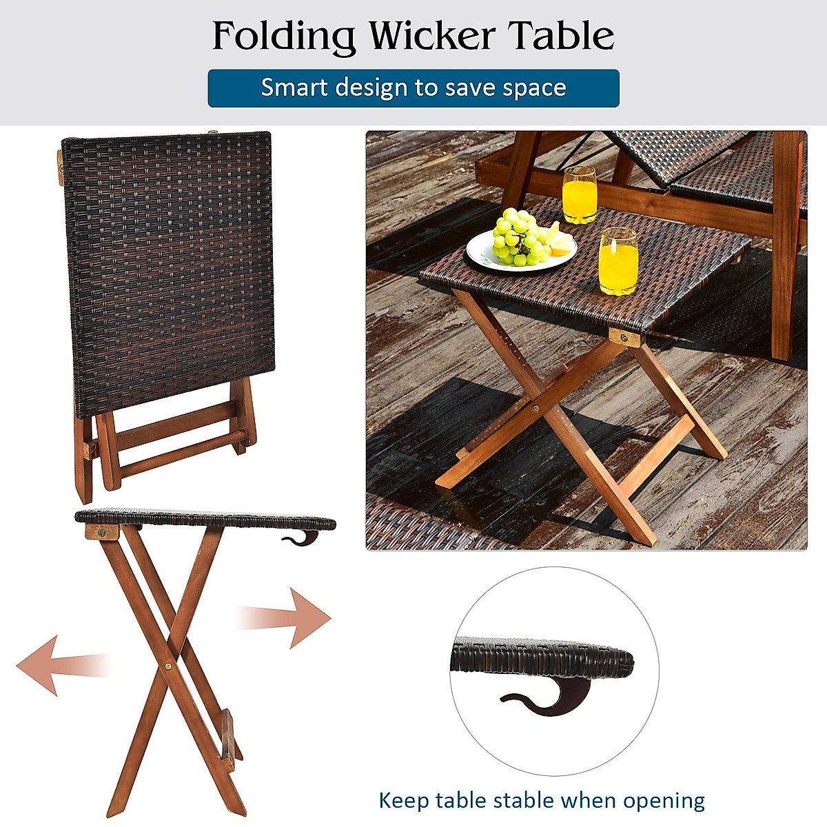 Tangkula 3 Pieces Outdoor Chaise Set, Wicker Rattan Lounge Chair w/Acacia Wood Frame, 4 Adjustable Positions Patio Wicker Lounge Set & Foldable Side Table, Suitable for Lawn, Backyard (Mix Brown)