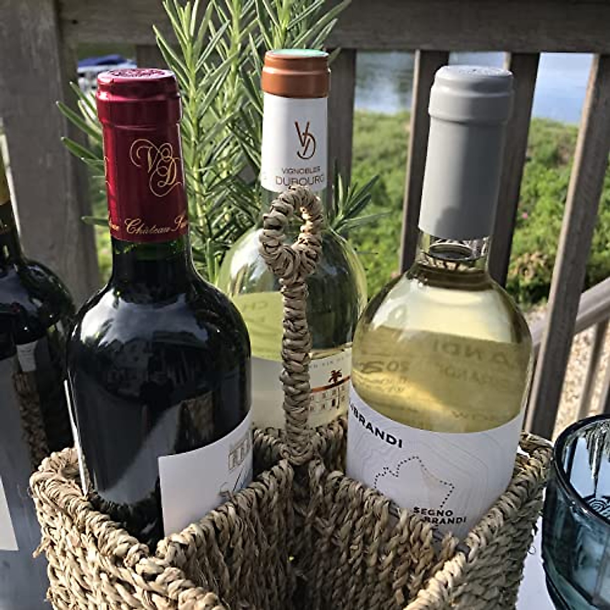 4 Compartment Basket Caddy, Bottle and Condiment Holder, Woven Wicker Over Metal Frame, Seagrass, 10.5 Inches