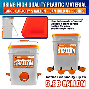 PAMAZY 5-Gallon/44 Pounds Automatic Chicken Feeder &Waterer Set2 Buckets),Chicken PortWater Cup NoWaste,Rain Proof Poultry Feeder,Avoid Small Animals. Suitable for Chicken,Duck,Turkey,Grey,OrangeCKF)