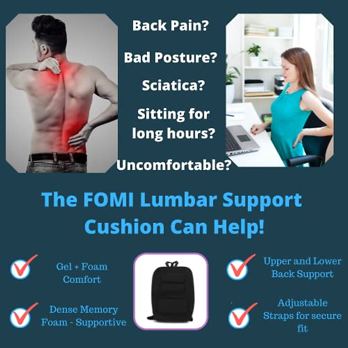 FOMI Firm Lumbar Orthopedic Back Support | Gel and Foam Thoracic Support Pillow for Office, Car, Kitchen | Sciatica and Tailbone Pain Relief | Upper and Lower Back Posture Cushion