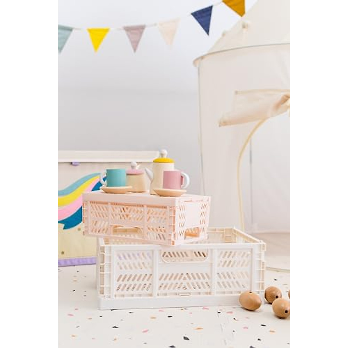 3 Sprouts Recycled Plastic Collapsible Crate - Stackable Folding Storage Crate for Organization for Adults & Kids - Foldable Plastic Crate - Large - Cream