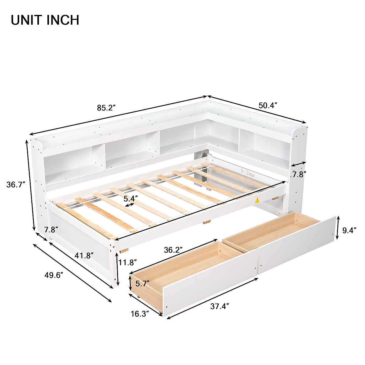 Twin Size Daybed Captain Bed Wooden Day Bed with 2 Drawers and L-Shaped Bookcases, Twin Bed Frame for Kids, Boys, Girls & Teens, No Box Spring Needed, White