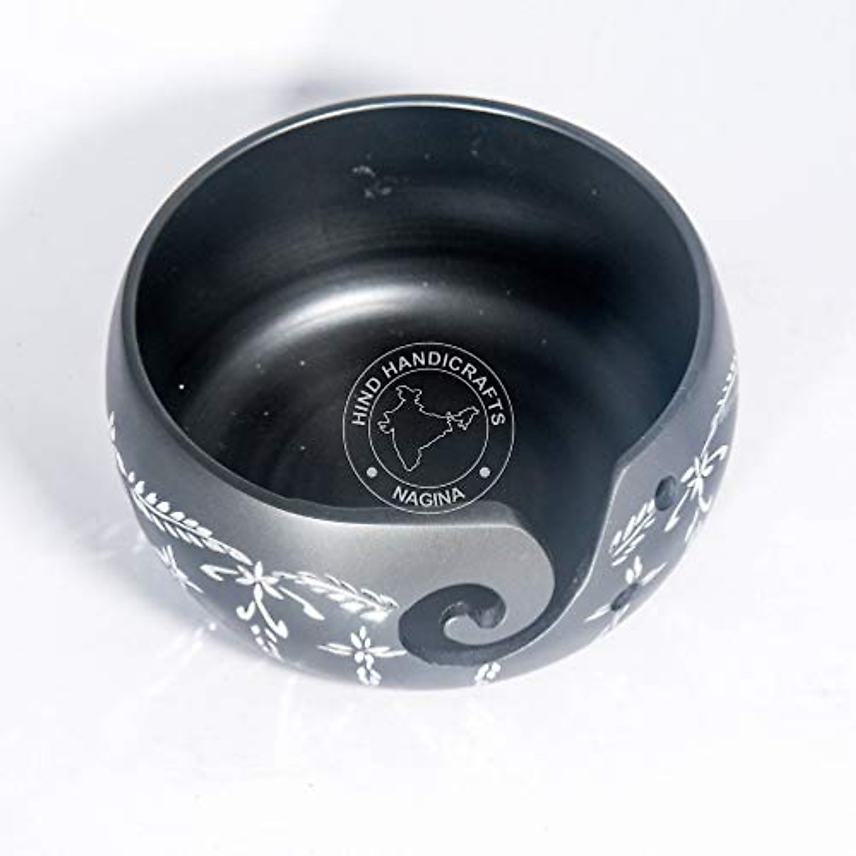 Hind Handicrafts Premium Solid Handmade Silver Diamond Engraved Metallic Finish Aluminium Portable Yarn Storage Bowl - Holder for Knitting Crochet Hook Accessories (Matte Black, 6" x 6" x 3")