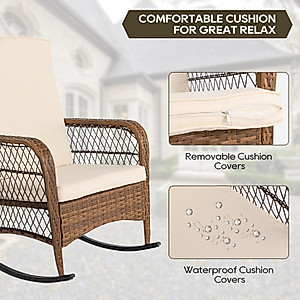 GS CHIER 3 Pieces Outdoor Rocking Chair Set, Outdoor Rocking Chairs, Patio Furniture Sets with Cushion and Side Table, Wicker Bistro Set for Deck Garden Poolside