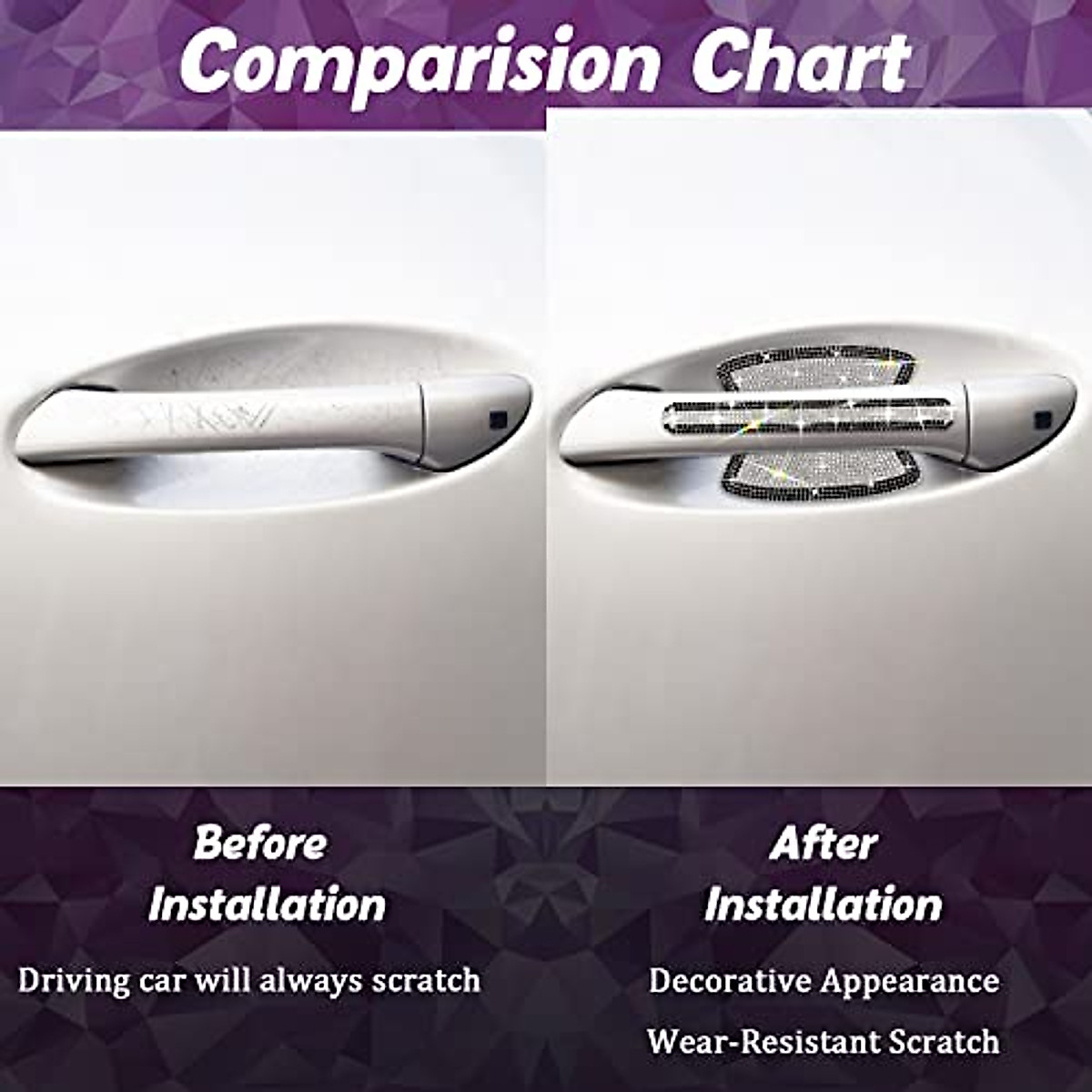 8PCS Car Door Handle Bling Rhinestones Stickers Universal Auto Door Handle Scratch Cover Guard Protective Film Pad with Safety Reflective Strips (Black & Sliver Set)