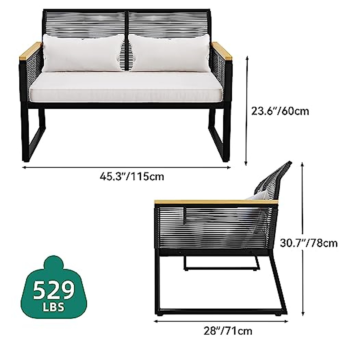 YITAHOME Patio Furniture Wicker Outdoor Loveseat, Rattan Conversation Loveseat for Backyard, Balcony and Deck with Wooden Armrest, Off-White Cushions (Black)