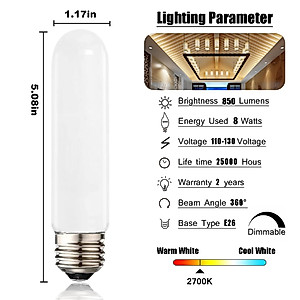 XININSUN T10 led Bulb, Dimmable T10 Frosted led Light Bulbs,8W Led Tube Bulbs, 60-75 Watt Equivalent,2700K Warm White,E26 Base Bulb for Desk Lamp,Bathroom,Cabinet Display...Milk White-3 Pack