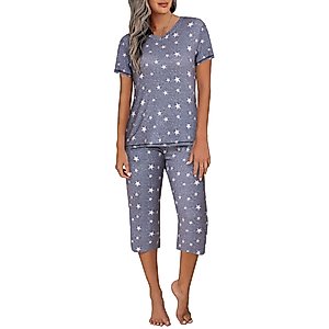 Ekouaer Women's Sleepwear Capri Pajama Sets Short Sleeve Two-Piece Pjs V Neck Tops & Capri Pants with Pockets S-3XL