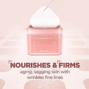 MEDIHEAL Collagen Ampoule Pad – Square Cotton Facial Toner Pads Collagen & Ceramide - Skin Firming & Restore Elasticity - Tighten Wrinkles & Lines - Vegan Eco Silk Pads, 100 Pads