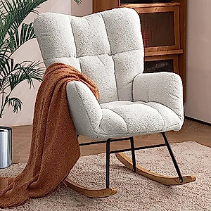 Ugijei Rocking Chair Nursery, Teddy Upholstered Glider Rocker with High Backrest, Modern Rocking Accent Chair for Nursery, Living Room, Bedroom (Ivory)