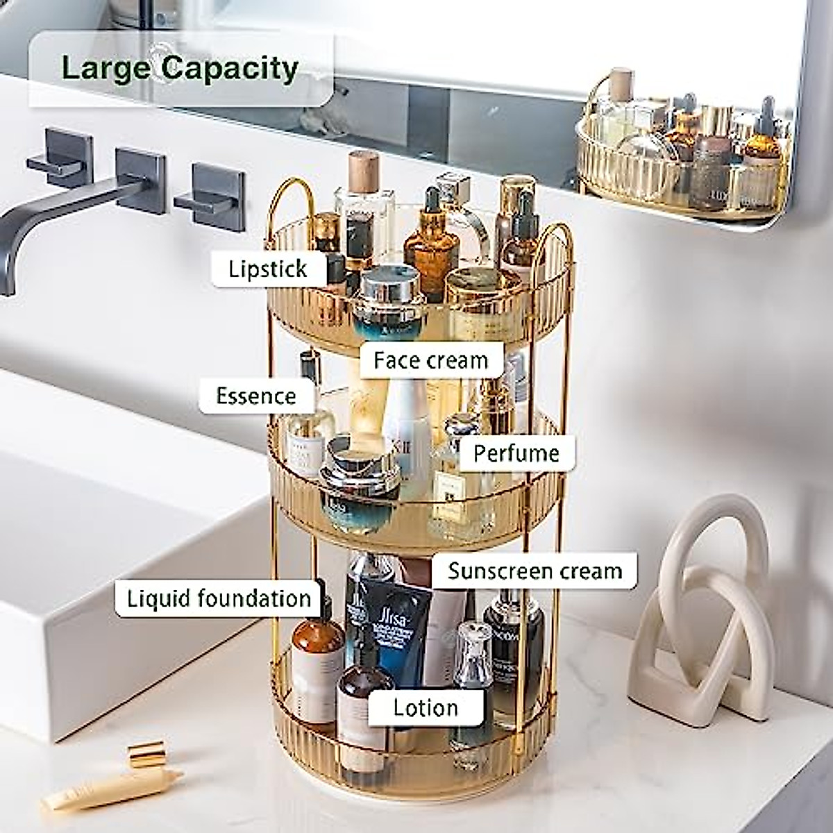 CICUFY Rotating Makeup Organizer Acrylic Perfume Organizer Clear Skincare Organizer Cosmetics Organizer for Vanity Countertop-3 Tier Gold