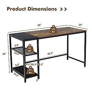 COSTWAY Industrial Home Office Desk, 55” Reversible Computer Desk w/Splice Tabletop & 2-Tier Storage Rack, Study Writing Desk w/Heavy-Duty Steel Frame & Adjustable Mesh Shelf, Black + Rustic Brown