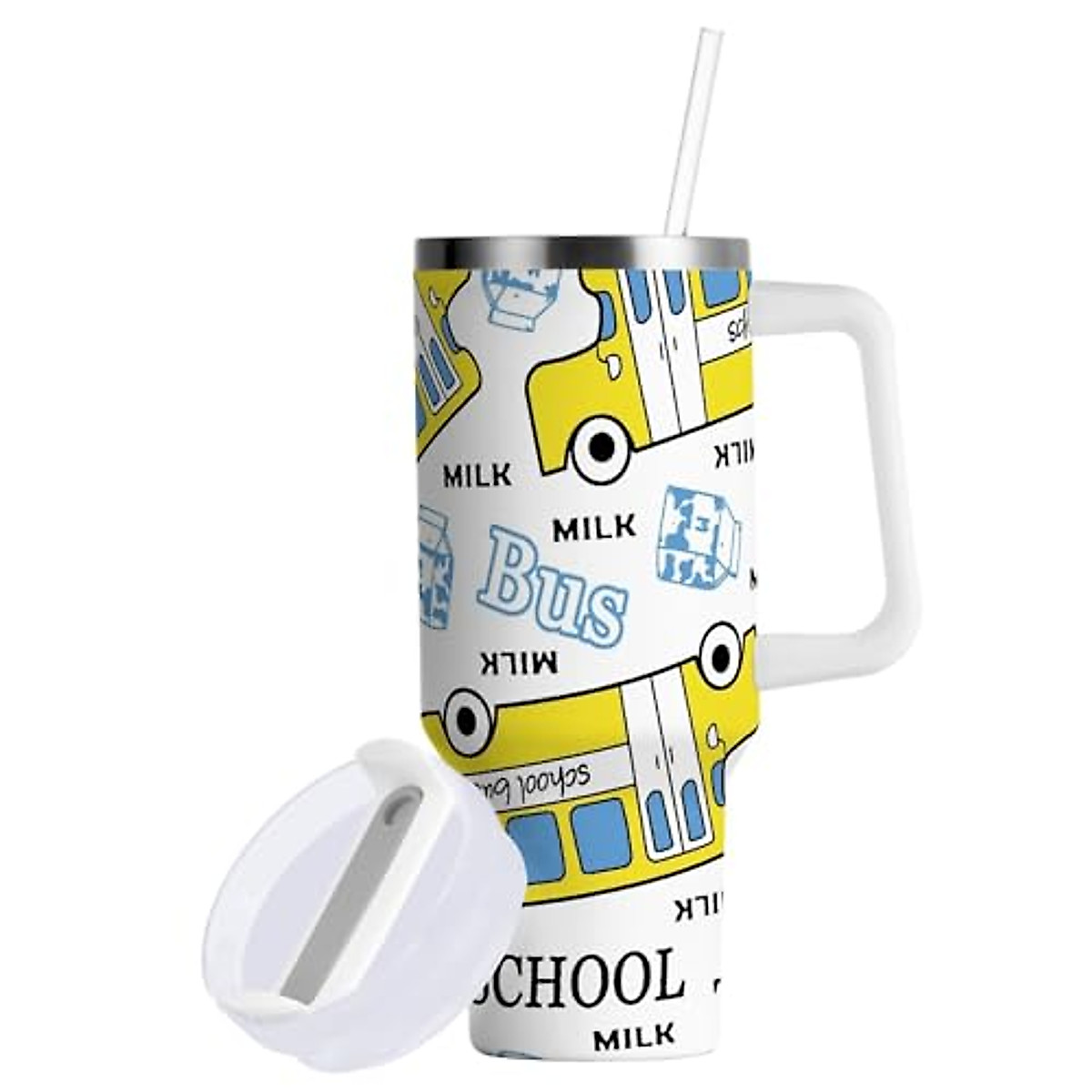 ARGTILDN 30 oz Tumbler School Bus Car Cartoon Insulated Travel Mug with Handle and Straw Lid Stainless Steel Vacuum Coffee Cup Tea Beverage Container Water Bottles for Car Sports office