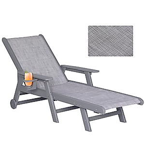 LOENIY Outdoor Chaise Lounge Chair with Textilene Surface, 5-Position Adjustable Patio Lounge Chair with Wheels & Cup Holder, HDPE Pool Lounge Chair for Outside, Poolside & Beach (Grey, 1)