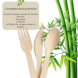 Generic Disposable Bamboo Utensils, 100 Pack | 100% Bamboo Cutlery NOT Wooden Cutlery | Eco-Friendly Compostable Cutlery | 50 Bamboo forks, 25 Knives, 25 Spoons, small