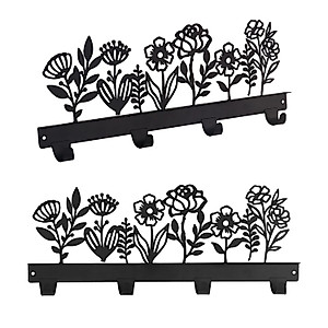 Wall Mounted Metal Towel Rack with 4 Hooks Black Metal Towel Holder for Bathroom Space Saving, Waterproof Rustproof Easy Install Bathroom Decor Towel Hanger Organizer(Flower) (Stylish 01)