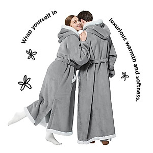 Bedsure Oversized Wearable Blanket Hoodie - Long Sherpa Fleece Hooded Blanket for Adult Women Men, Warm Cozy Big Blanket Sweatshirt with Giant Pocket and Belt, Winter Gifts for Men, Oversize, Grey