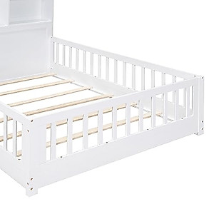EOVTK Full Size Montessori House Floor Bed with Bedside Drawers and Shelves, Wooden Platform Bed with a Set of Sockets and USB Port for Kids, Boys, Girls, White