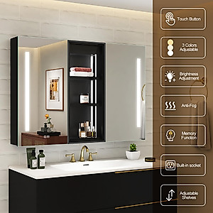 28"x40" Black-LED-Medicine-Cabinet-Mirror-for-Bathroom-with-Sockets, Medicine Cabinet with 3 Color Adjustment Dimmable and Anti-Fog, Medicine Cabinet with Lighted Storage Window & Adjustable Shelf