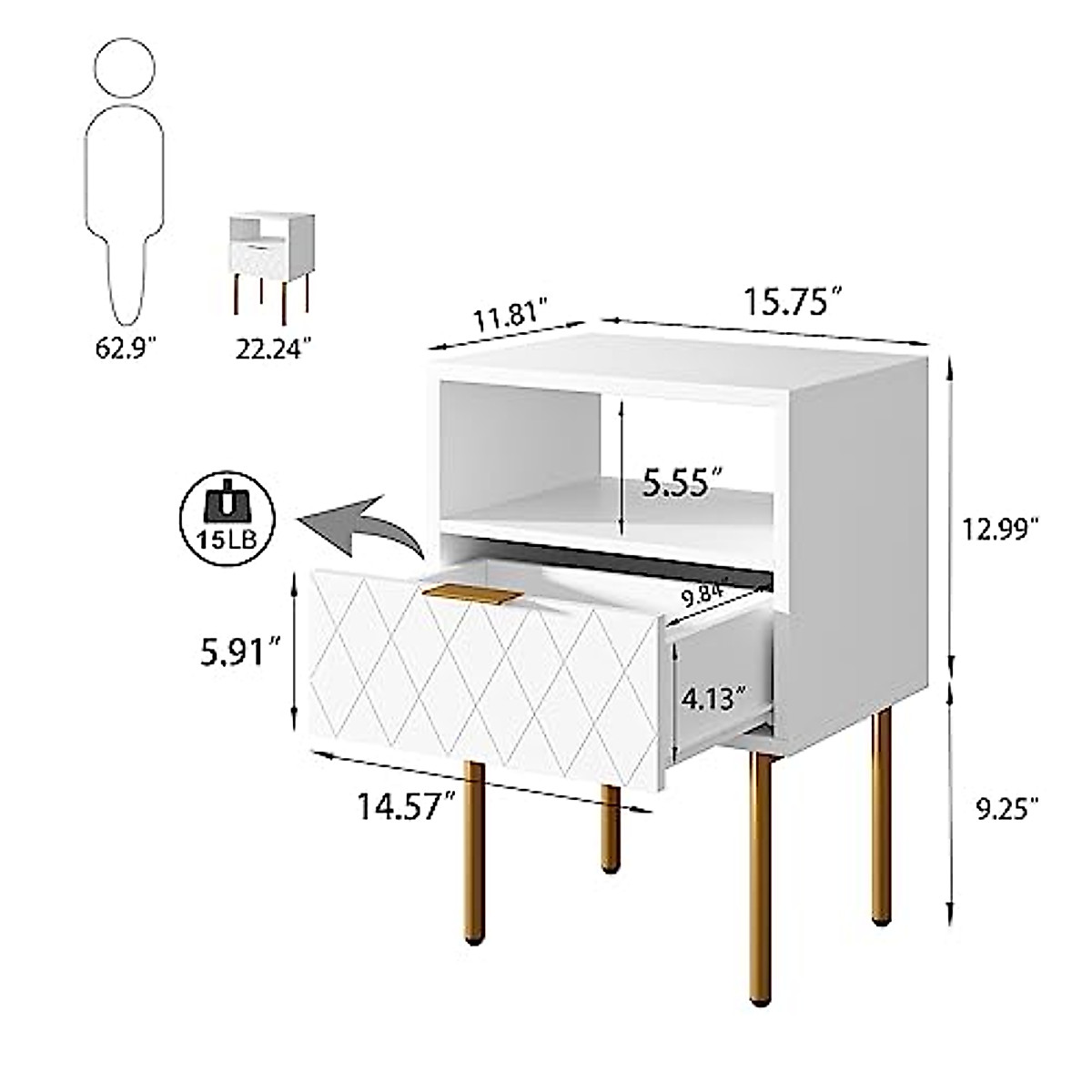Aobafuir Nightstand, Drawer Dresser for Bedroom, Small Side Table with Drawer, Bedside Furniture, Night Stand, End Table with Gold Frame for Bedroom,Living Room,White