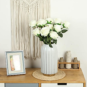 Kisflower 12Pcs White Roses Artificial Flowers, Realistic Single Stem Flowers Silk Rose Bouquet for Wedding Party Office Home Decor (White)