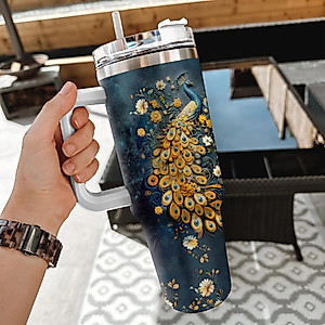 Hyturtle Personalized Peacock Tumbler - Floral Peacock Gifts For Women - Animal Present For Peafowls Lover Her - Mothers Day Present For Mom - Custom Name Travel Coffee Cup 40 oz With Lid And Straw
