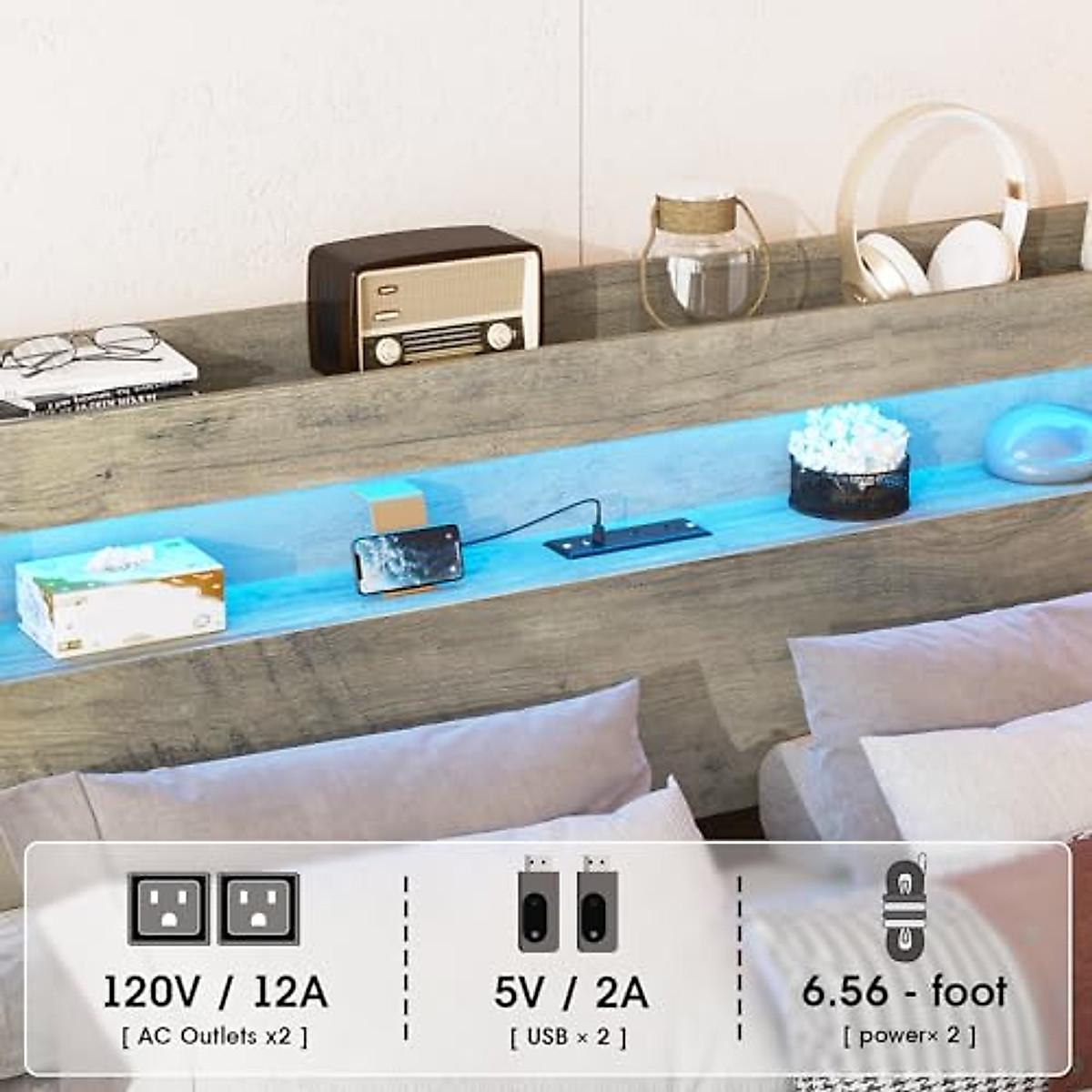 Grey Full Size Bed Frame with 2-Tier Wooden Storage Headboard and Charging Station Modern Upholstered Platform Full Bed Frame with RGB LED Lights Metal Support,No Box Spring Needed,Noise Free,Gray