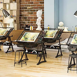 Lambgier Glass Craft Table Drawing Desk – Drafting Tables Hobby Table Writing Studio Art Artist Desk with Adjustable Tilted Tabletop (Black)