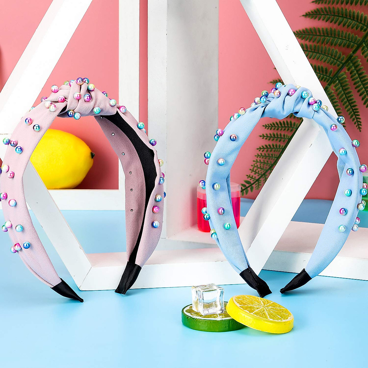 Embellished Hair Accessories for Women and Girls: Faux Pearl Knotted Headbands with Gems and Twisted Turban Design (Pink, Blue)