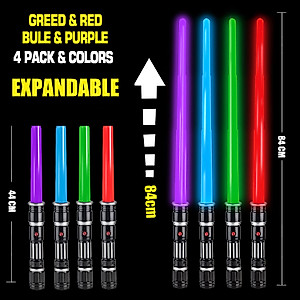 4 Pack 4 Colors Light up LED Saber, Light Swords with FX Sound(Motion Sensitive) and Realistic Handle, Expandable Light up Toy for Kid Adult, Warriors and Galaxy War Fighter, Halloween Party Xmas Gift