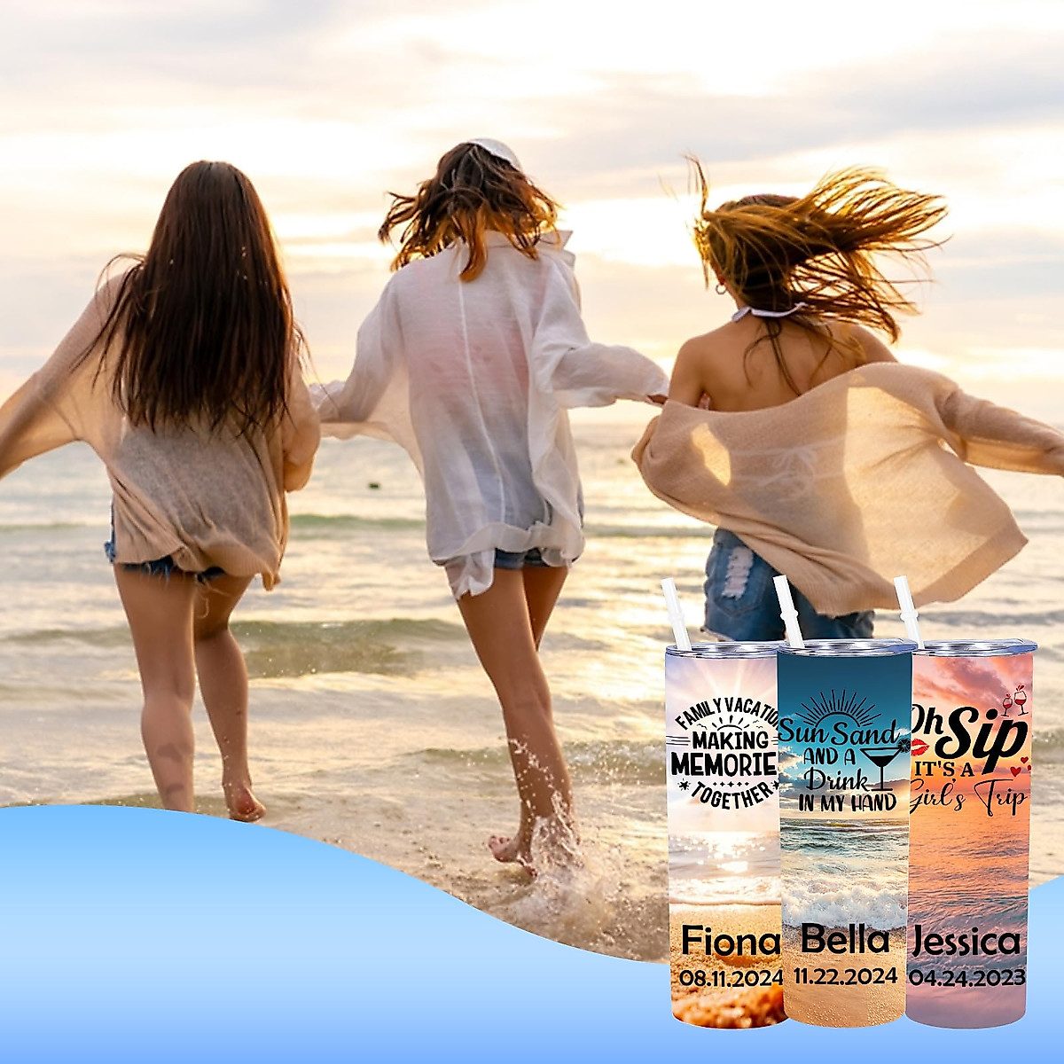 Custom Beach Tumblers for Women Cute Girl's Trip Cups Tumbler Personalized Insulated Tumbler Cup with Lid Straw for Friends Girls Trip Favor Gifts 2025 Bachelorette Trip Gift Family Vacation Cups