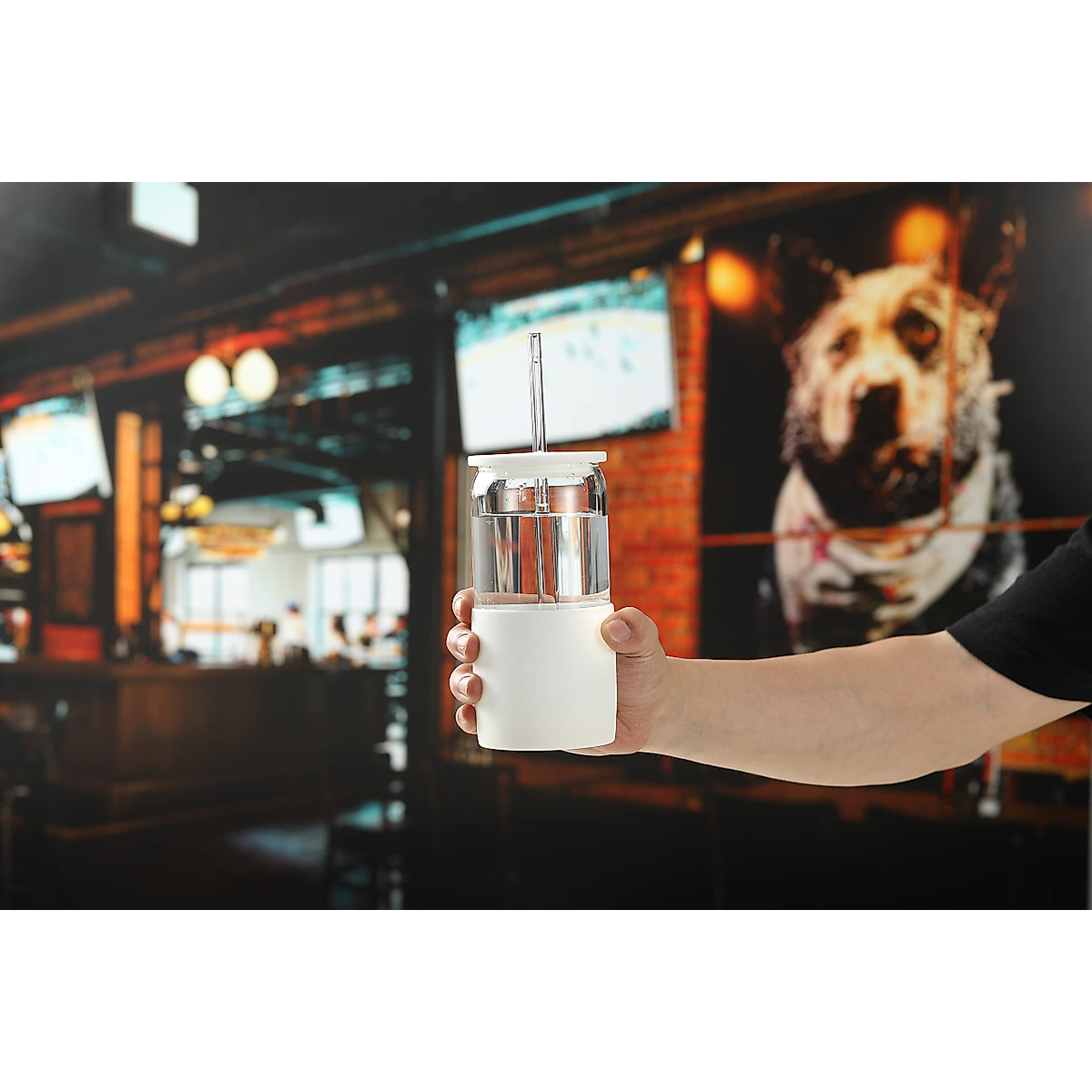 Sunseeke Glass Tumbler with Straw and Lid, 16oz Ice Coffee Cup, Silicone Sleeve Cleaning Brushes, Drinking Glasses for Water, Iced Coffee, Smoothie -BPA Free -3 Pack