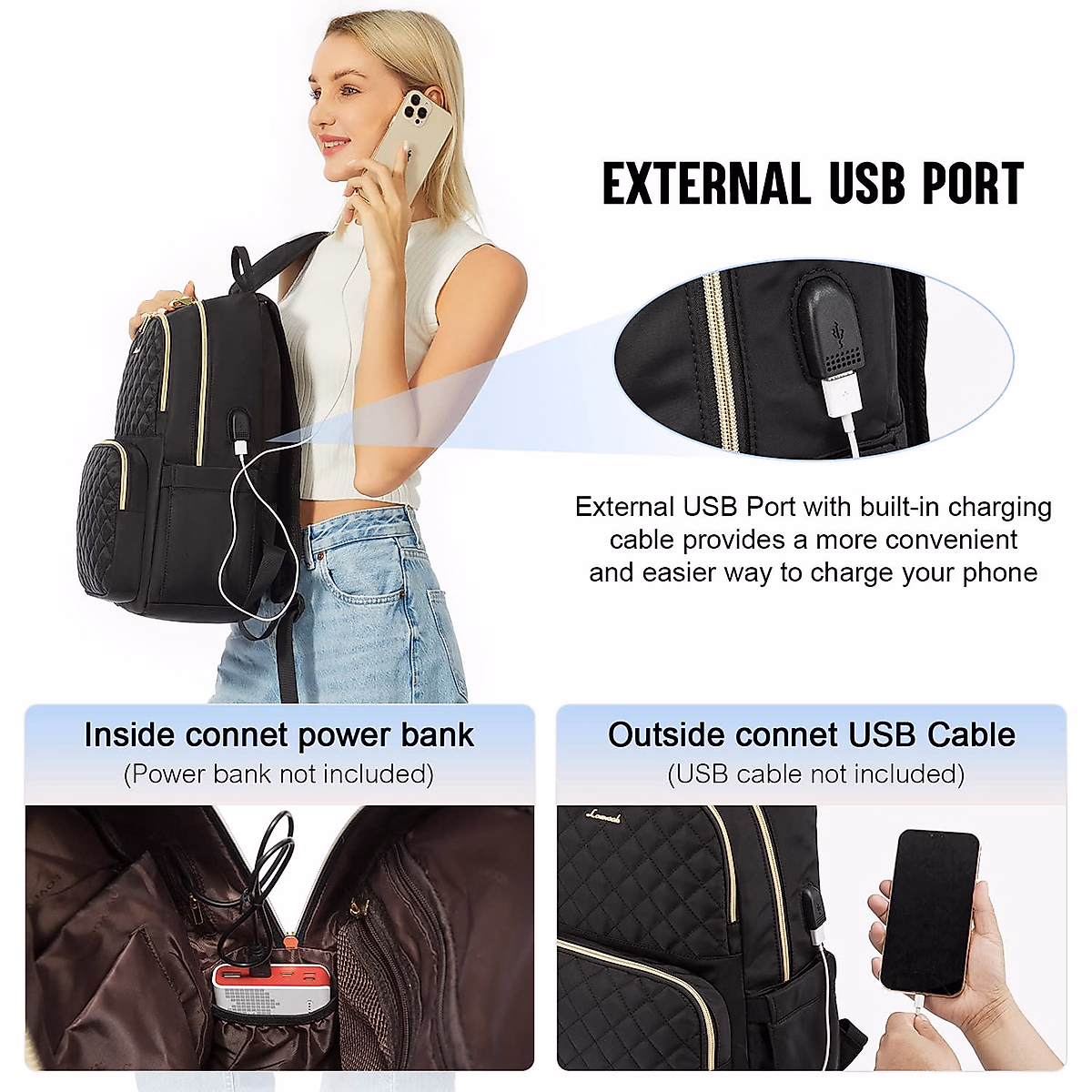 LOVEVOOK Laptop Backpack for Women, Quilted Laptop Bag Travel Backpack Purse With Anti-Theft Zipper, Stylish 15.6 Inch Work Computer Bags College School Bookbag with USB Charging Port, Black