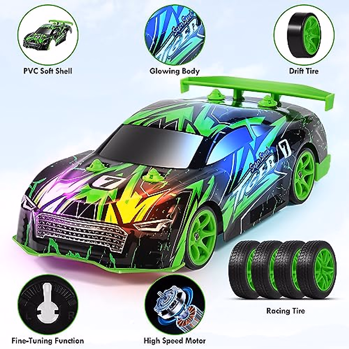 BIFYTON RC Drift Car, Remote Control Car with LED Lights Glow and Drifting Tire,14KM/H Fast High-Speed Rc Car with 2 Rechargeable Batteries, Suitable for 4-7, 8-12 Boys Girls Kids Gift
