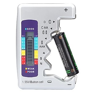Digital Battery Tester, LCD Display Universal Batteries Checker Household Small Mini Testers Button Cell for All AA AAA C D 9V Capacity Measuring Testing Detector Tool 90mm Multiply 60mm Silvery
