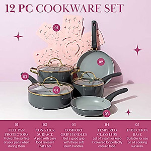 Paris Hilton Epic Nonstick Pots and Pans Set, Multi-layer Nonstick Coating, Tempered Glass Lids, Soft Touch, Stay Cool Handles, Made without PFOA, Dishwasher Safe Cookware Set, 12-Piece, Charcoal Gray