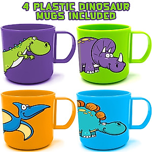 ArtCreativity Dinosaur Mugs for Kids, Set of 4, 3-Inch Plastic Cups in Assorted Colors & Designs, Ideal for Dinosaur Party Favors, Gifts,Photo Booth Props, Table Decorations for Themed Parties