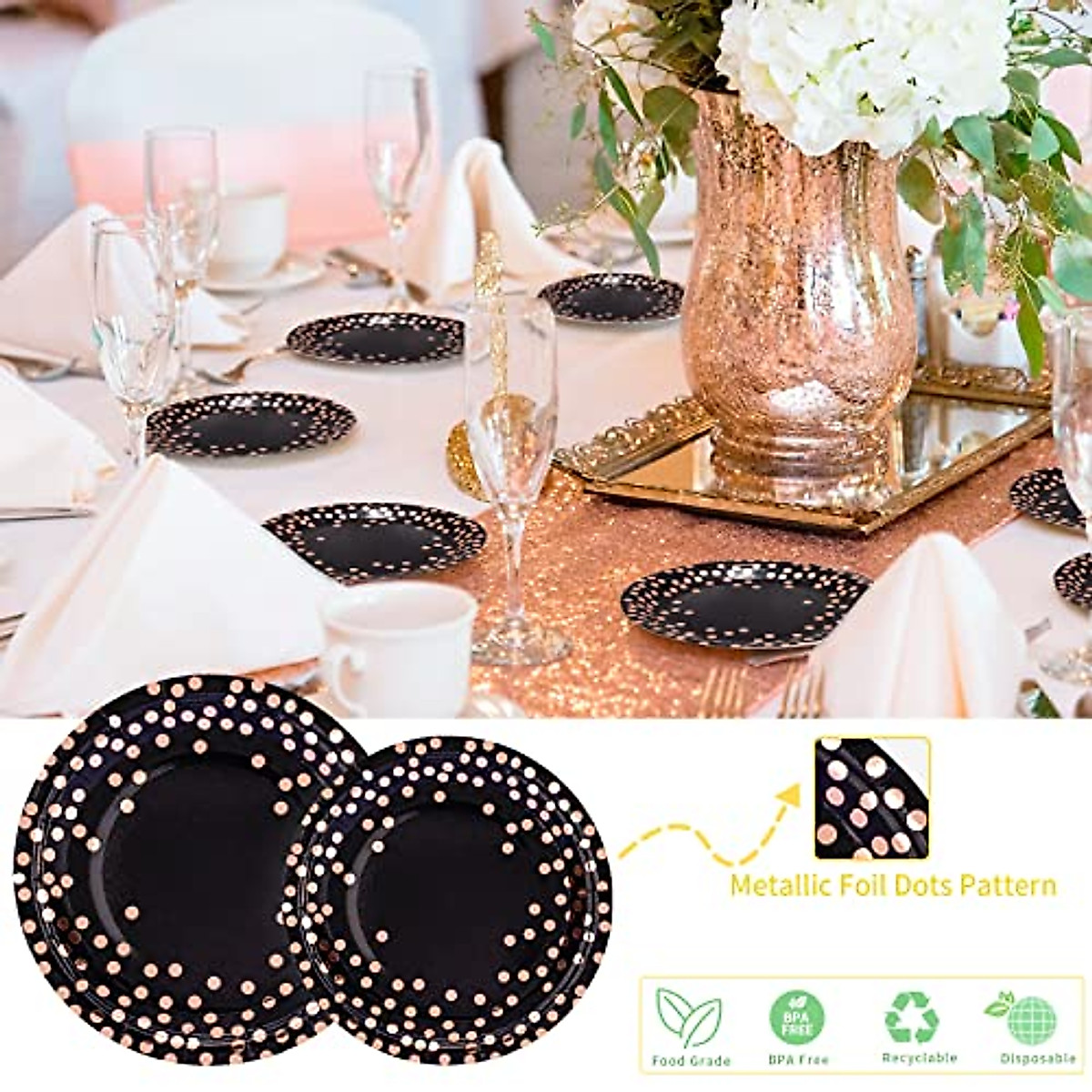 Round Disposable Black and Rose Gold Dotted Paper Plates - 50 x 9" and 50 x 7" Dinner Plates, Foil Polka Dots Occasions