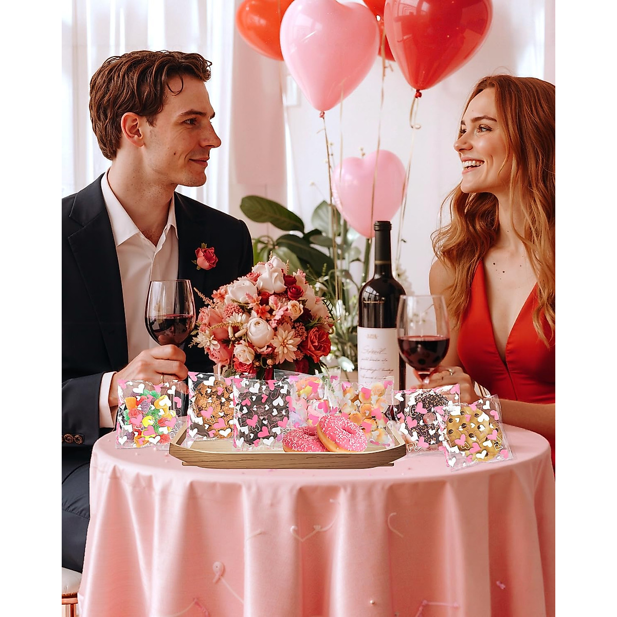 RAYNAG 200 Pcs Resealable Cellophane Bags Self Adhesive Cookie Cello Bags Lovely Heart-shaped Printed Poly Candy Bags for Dessert, Party Treats, Bakery, Candle, Soap, 3.74"x2.75"