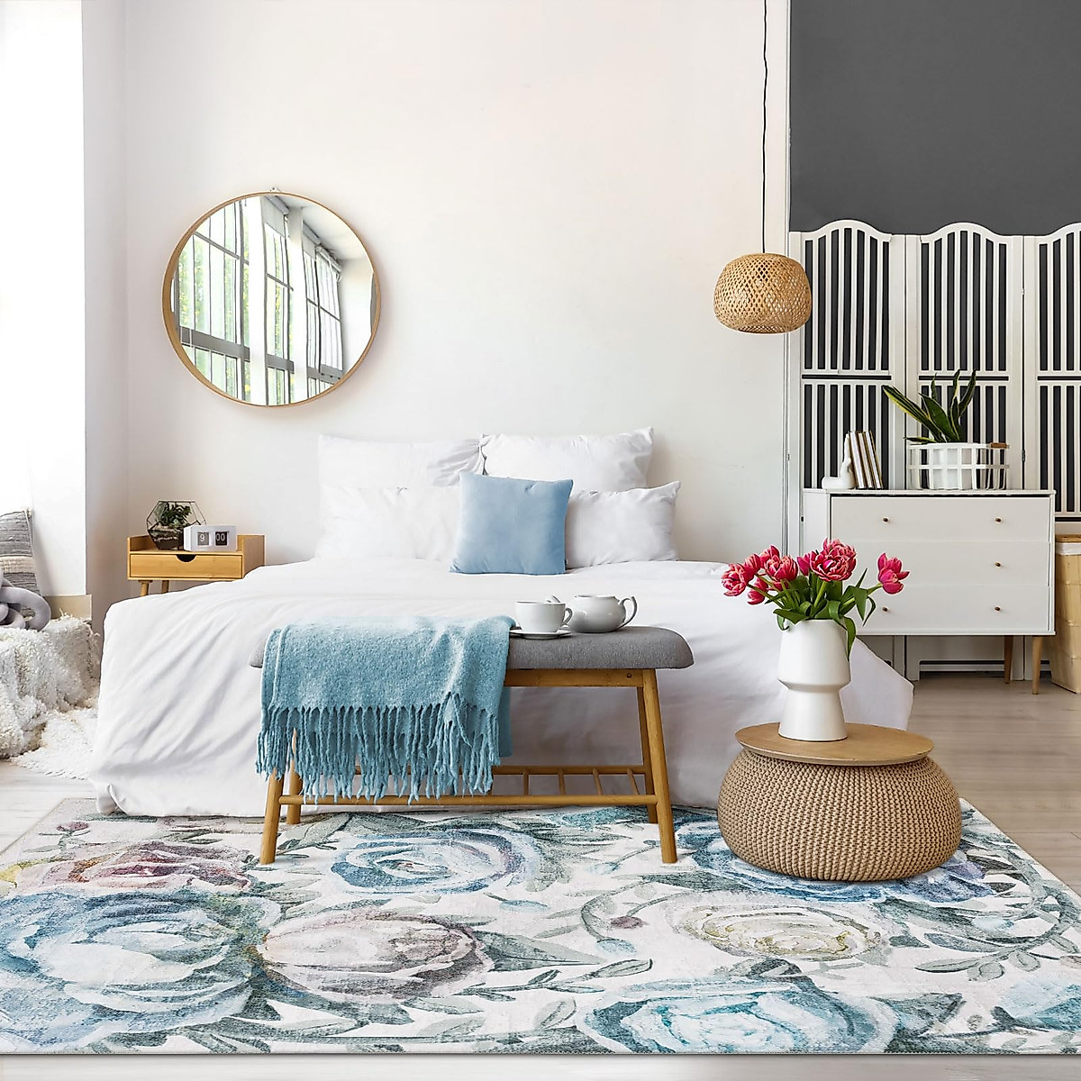 DECOMALL Jasmine Washable Area Rugs 9x12ft, Colorful Modern Floral Non Slip Rug, Soft and Thin Large Carpet for Living Room Bedroom,9x12ft Blue/Multi