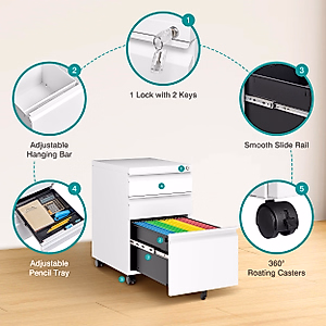 3 Drawer File Cabinet with Lock,Under Desk File Cabinet with Wheels,White Rolling File Cabinet,Three Drawer Metal Filing Cabinet for Home Office,Fit A4/Letter/Legal File,Fully Assembled Except Casters