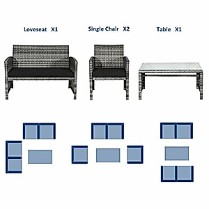 WYKDD 4PCS Patio Rattan Furniture Set Conversation Glass Table Top Sofa Cushioned Loveseat Single Chairs