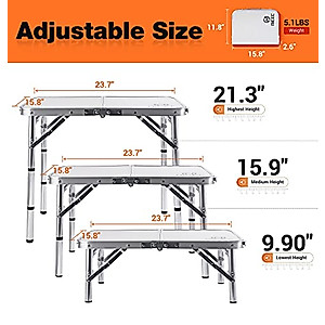 Nice C Card Table, Folding Picnic Table, Small Table, Adjustable Height Folding Table, Camping, Outdoor, Portable Lightweight Aluminum, with Carry Handle for Beach, Indoor, Office (Small)