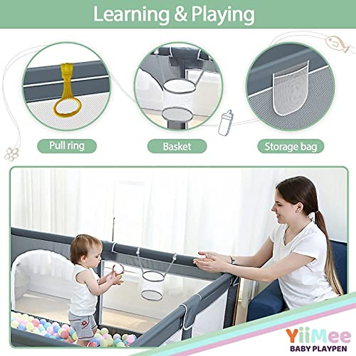 YiiMee Baby Playpen, 71x59 inch Play Pens for Babies and Toddlers, Play Yard for Babies, Kids Play Pen for Outdoor & House, Anti-Fall Playyard, Grey