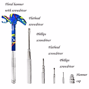 Floral Hammer with Screwdriver 6 in 1 Multifunctional Tool Set with Slotted/Flat Head Phillips Screwdriver & Nut Drivers Garden Tool Nail Puller Hammer Gift for Halloween Thanksgiving Christmas (Blue)