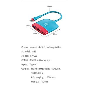 GPPZM Multi-Function Portable Docking Station USB C to 4K HDMI-Compatible USB 3.0 PD for MacBook Pro (Color : Red Blue)