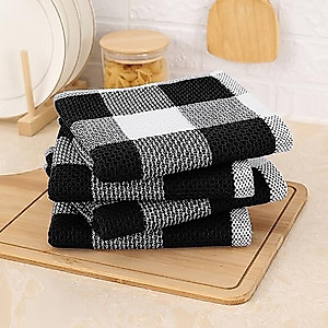 Mordimy 100% Cotton Waffle Weave Kitchen Towels, 13 x 28 Inches, Super Soft and Absorbent Buffalo Check Dish Towels for Drying Dishes, 4-Pack, Black & White