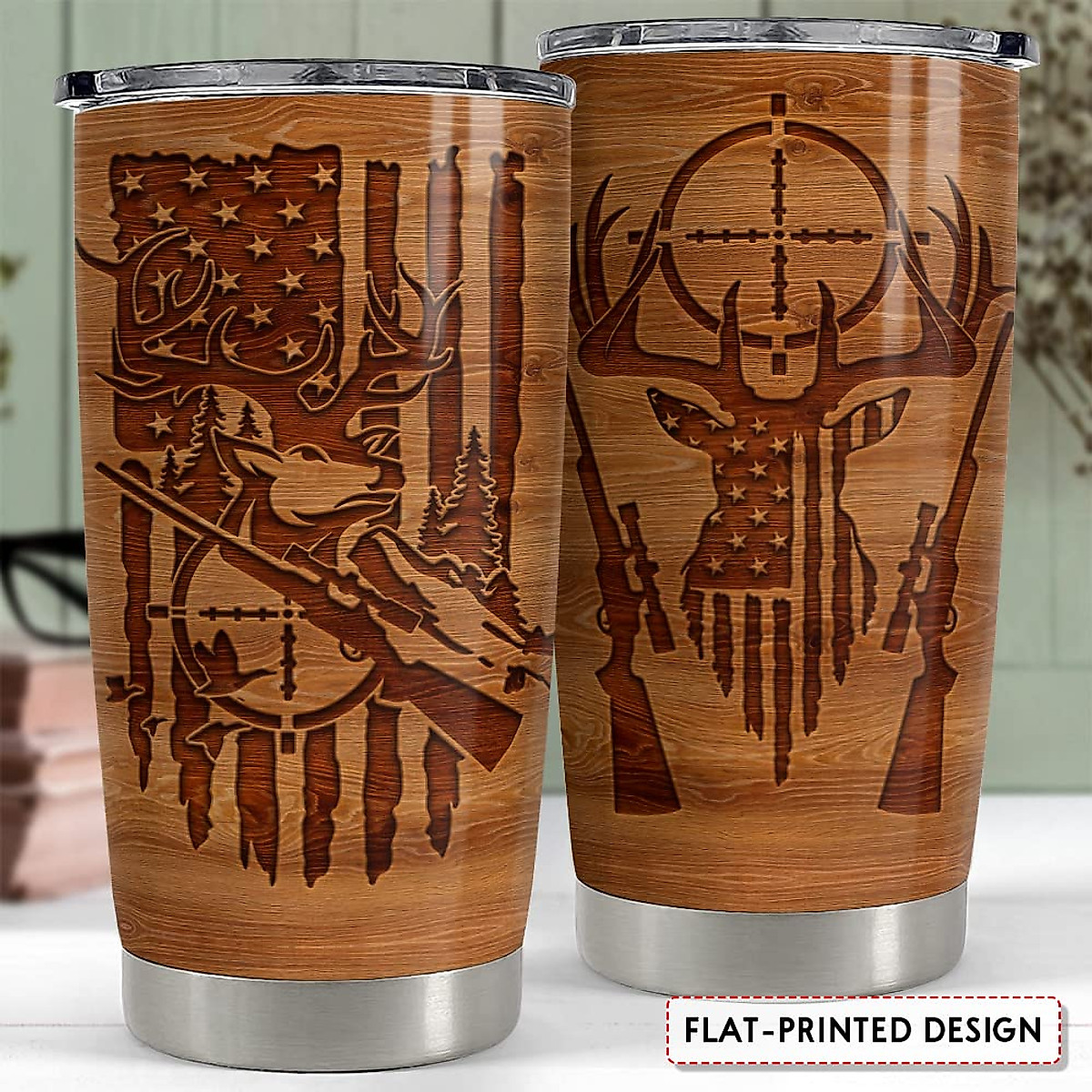 SANDJEST Hunting Tumbler Wood Style American Flag 20oz Tumblers with Lid Gift for Men Dad Best Friends Hunting Lovers Christmas Birthday Fathers Day