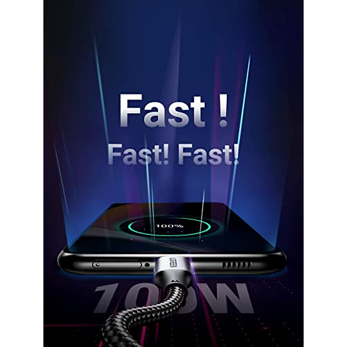 UGREEN 100W USB C to USB C Cable Type C Fast Charging Cable Compatible with MacBook Pro 2022, iPad Pro 2022, iPad Air 5, Samsung Galaxy S23/S22 Ultra, Pixel, Switch, etc. 6.6FT Black