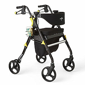 Medline Premium Empower Rollator Walker with Seat, Folding Rolling Walker with 8-inch Wheels, Black, 1 Count (Pack of 1)
